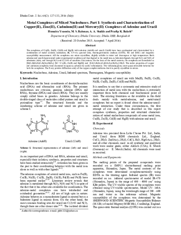 (PDF) Metal Complexes of Mixed Nucleobases. Part I: Synthesis and Characterization of Copper(II ...