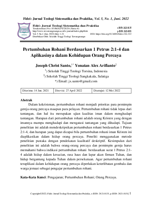 (PDF) Pertumbuhan Rohani Berdasarkan 1 Petrus 2:1-4 dan Aplikasinya dalam Kehidupan Orang Percaya