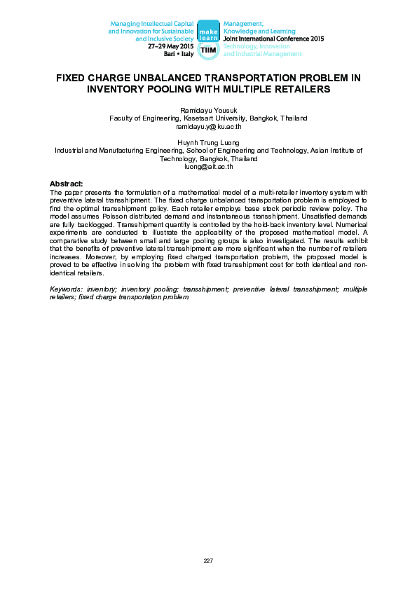 (PDF) Fixed Charge Unbalanced Transportation Problem in Inventory ...