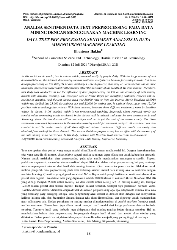 (PDF) Analisa Sentimen Data Text Preprocessing Pada Data Mining Dengan Menggunakan Machine Learning