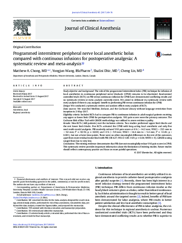 (PDF) Programmed intermittent peripheral nerve local anesthetic bolus ...