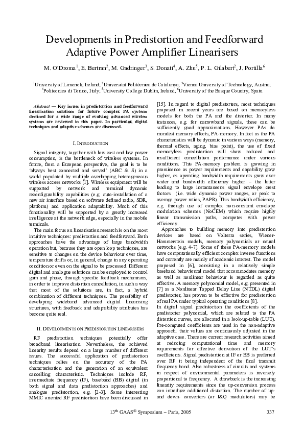 (PDF) Developments in Predistortion and Feedforward Adaptive Power Amplifier Linearisers