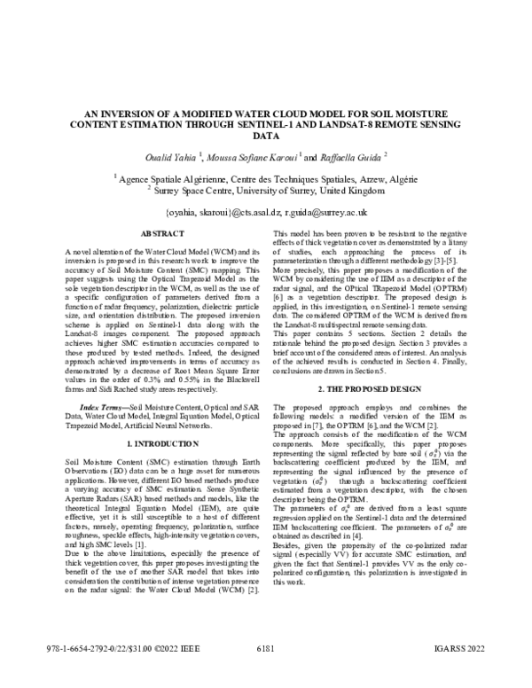 (PDF) AN INVERSION OF A MODIFIED WATER CLOUD MODEL FOR SOIL MOISTURE CONTENT ESTIMATION THROUGH ...