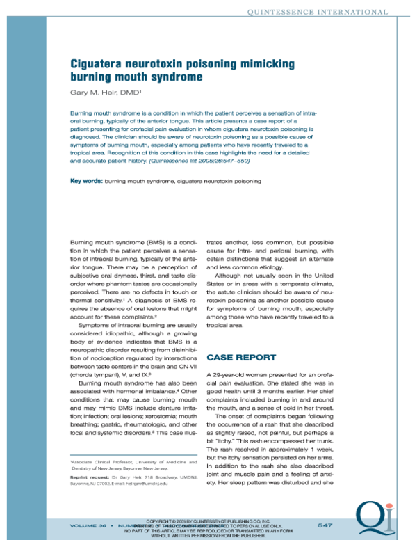 (PDF) Ciguatera neurotoxin poisoning mimicking burning mouth syndrome