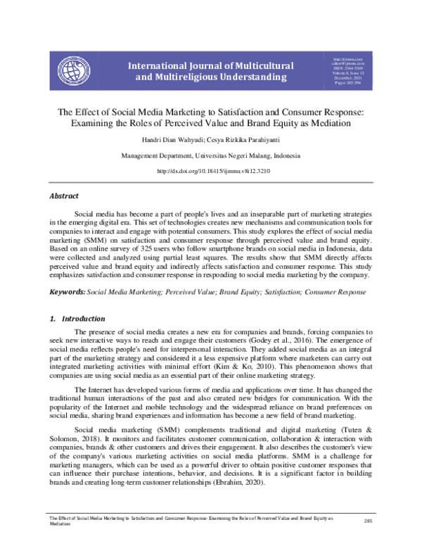 (PDF) The Effect of Social Media Marketing to Satisfaction and Consumer Response: Examining the ...