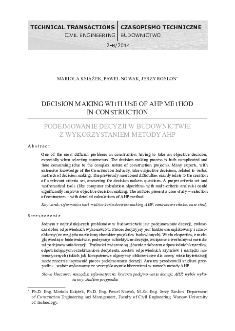 Pdf Decision Making With Use Of Ahp Method In Construction