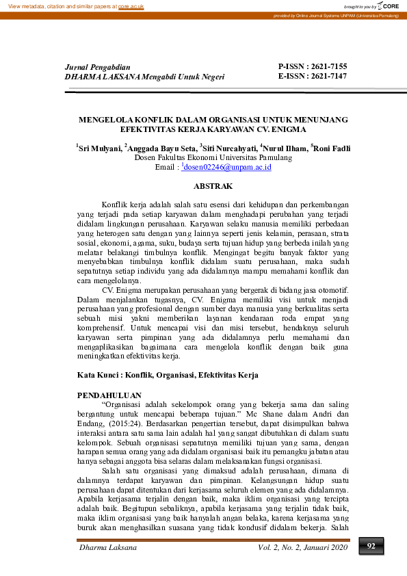 (PDF) Mengelola Konflik Dalam Organisasi Untuk Menunjang Efektivitas Kerja Karyawan CV. Enigma