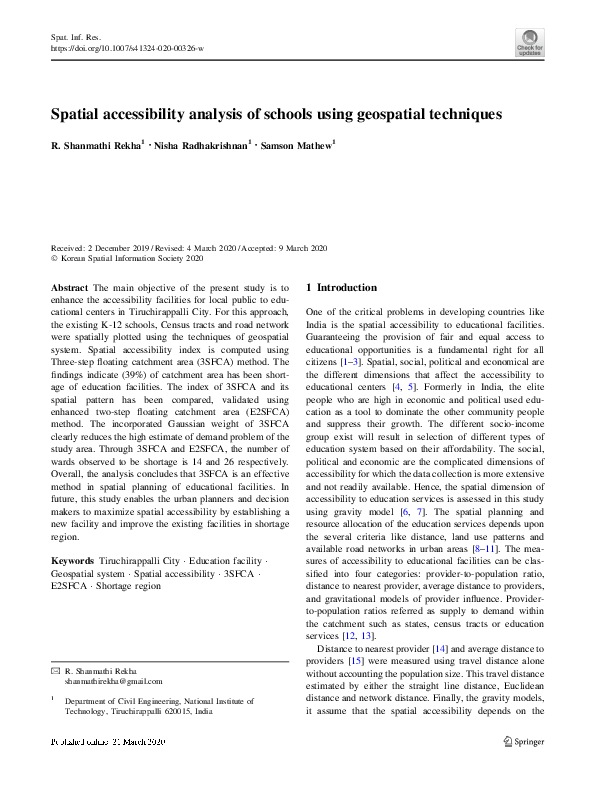 (PDF) Spatial accessibility analysis of schools using geospatial techniques