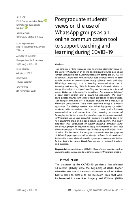 (PDF) Postgraduate students’ views on the use of WhatsApp groups as an ...
