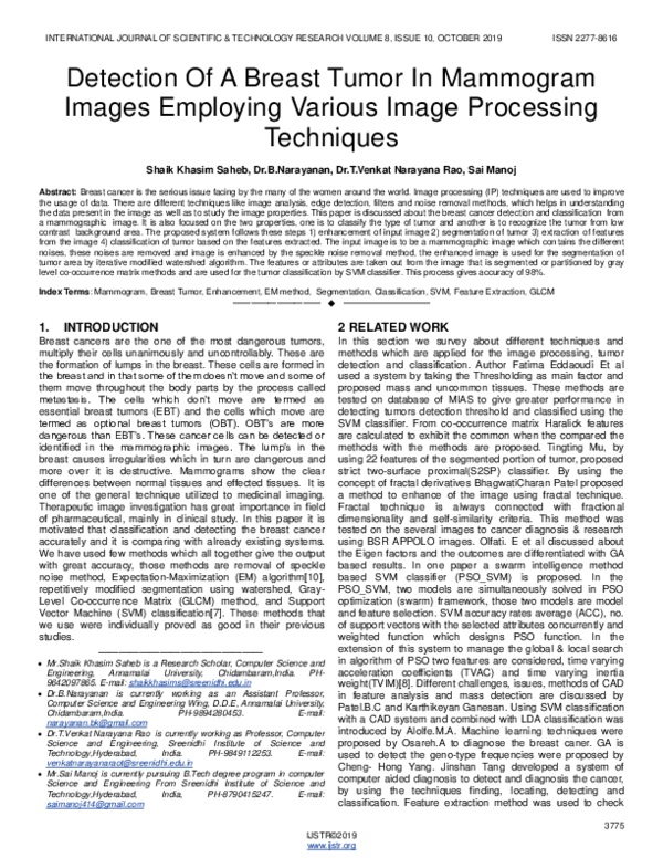 (PDF) Detection Of A Breast Tumor In Mammogram Images Employing Various Image Processing Techniques