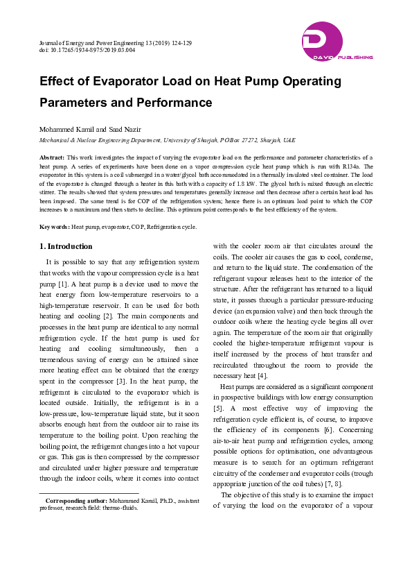 (PDF) Effect of Evaporator Load on Heat Pump Operating Parameters and Performance