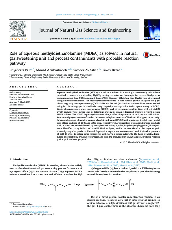 (PDF) Role of aqueous methyldiethanolamine (MDEA) as solvent in natural ...