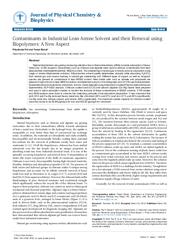(PDF) Contaminants in Industrial Lean Amine Solvent and their Removal ...