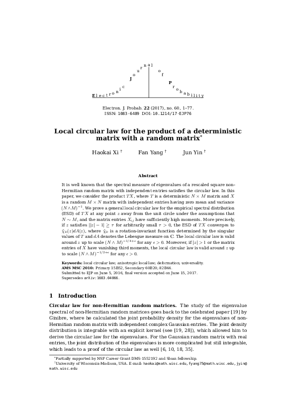 (PDF) Local circular law for the product of a deterministic matrix with a random matrix | Jun ...