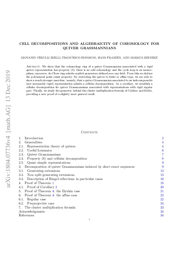 (PDF) Cohomology and Cellular Decomposition of Quiver Grassmannians