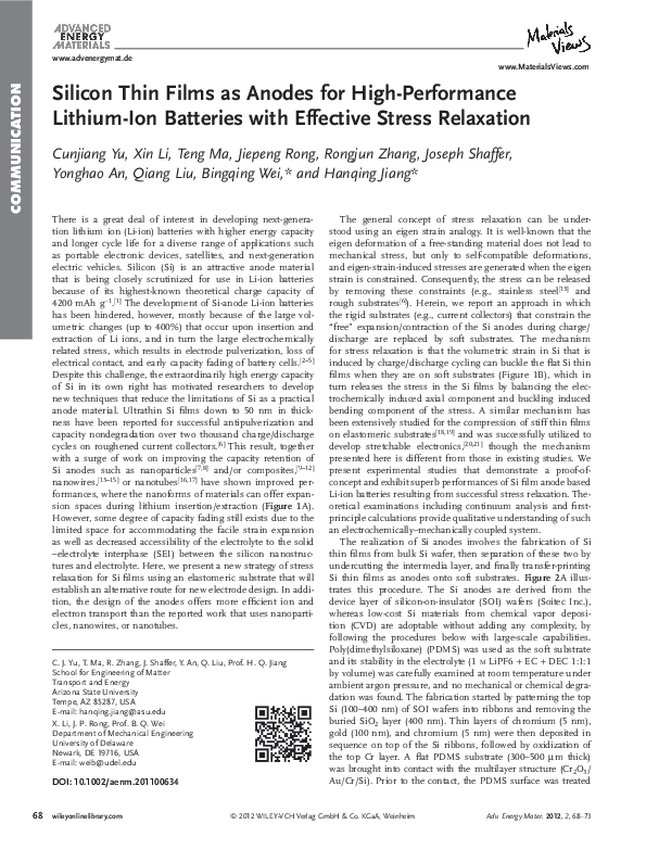 (PDF) Silicon Thin Films as Anodes for High-Performance Lithium-Ion Batteries with Effective ...