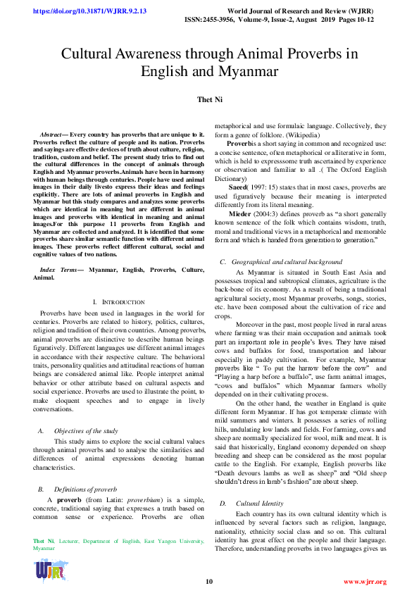 (PDF) Cultural Awareness through Animal Proverbs in English and Myanmar