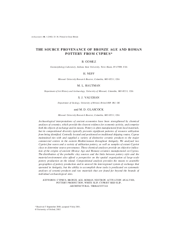 (PDF) The Source Provenance of Bronze Age and Roman pottery from Cyprus