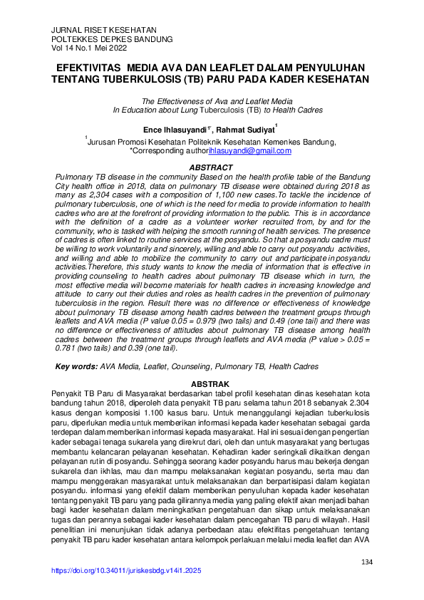 (PDF) Efektivitas Media Ava Dan Leaflet Dalam Penyuluhan Tentang TB Paru Terhadap Peningkatan ...