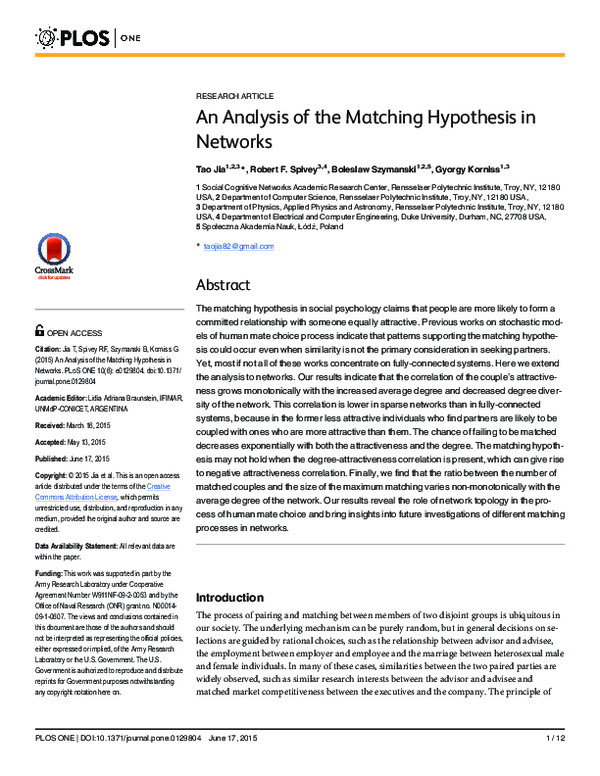 (PDF) RESEARCH ARTICLE An Analysis of the Matching Hypothesis in Networks