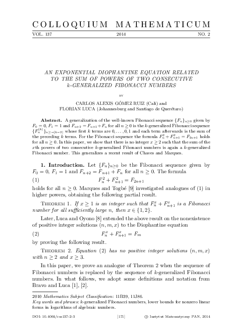 (PDF) An exponential Diophantine equation related to the sum of powers of two consecutive k ...