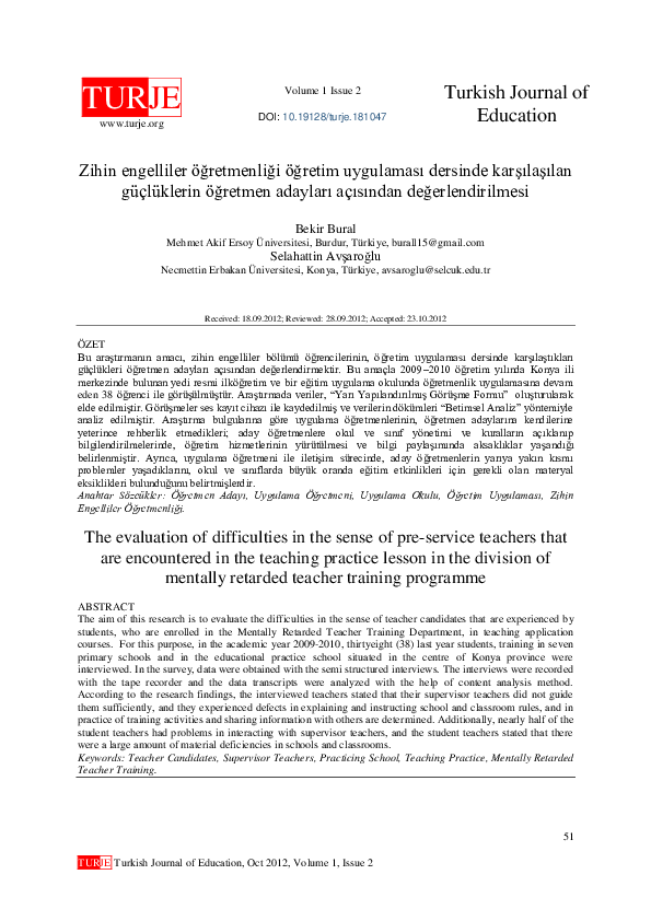 (PDF) The Evaluation of Difficulties in the Sense of Pre - Service ...