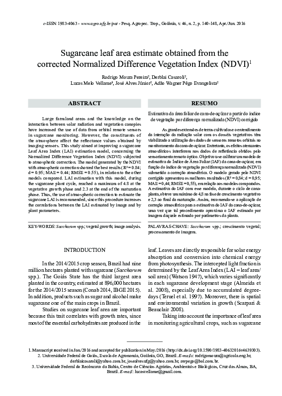 Pdf Sugarcane Leaf Area Estimate Obtained From The Corrected Normalized Difference Vegetation