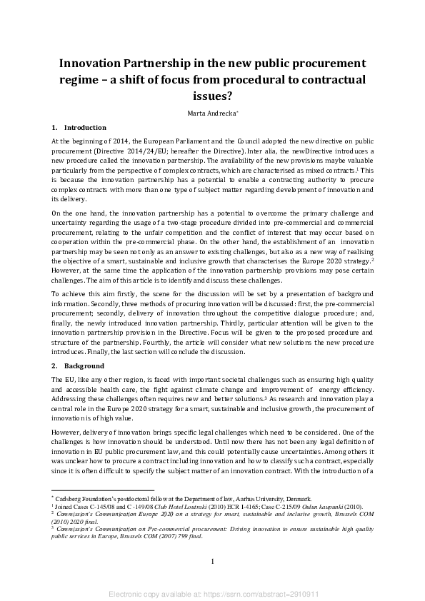 (PDF) Innovation Partnership in the New Public Procurement Regime A ...