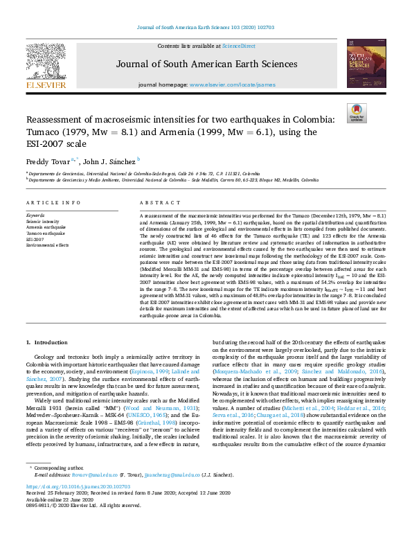 (PDF) Reassessment of macroseismic intensities for two earthquakes in ...