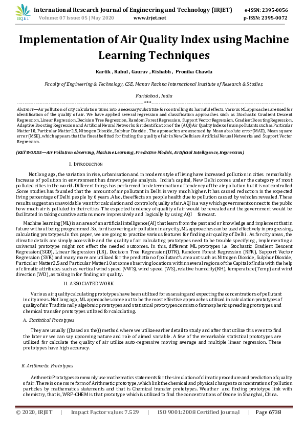 (PDF) Implementation of Air Quality Index using Machine Learning Techniques
