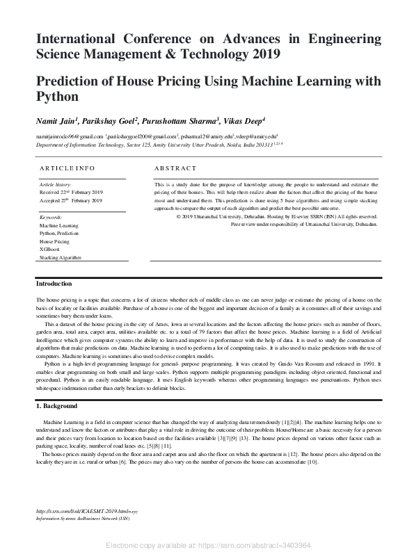 (PDF) Prediction of House Pricing Using Machine Learning with Python