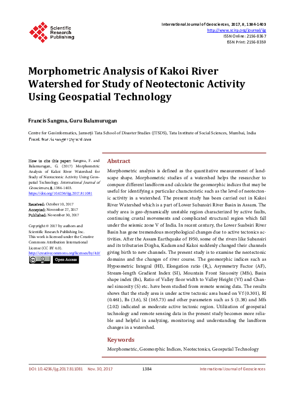 (PDF) Morphometric Analysis of Kakoi River Watershed for Neotectonics