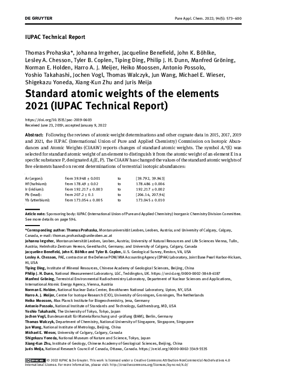 (PDF) Standard atomic weights of the elements 2021 (IUPAC Technical Report)