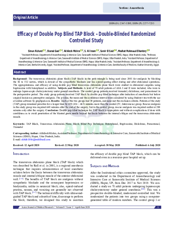 (PDF) Eﬃcacy of Double Pop Blind TAP Block – Double-Blinded Randomized ...
