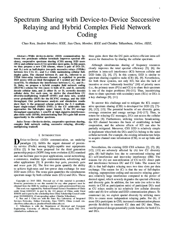Pdf Spectrum Sharing With Device To Device Successive Relaying And Hybrid Complex Field 