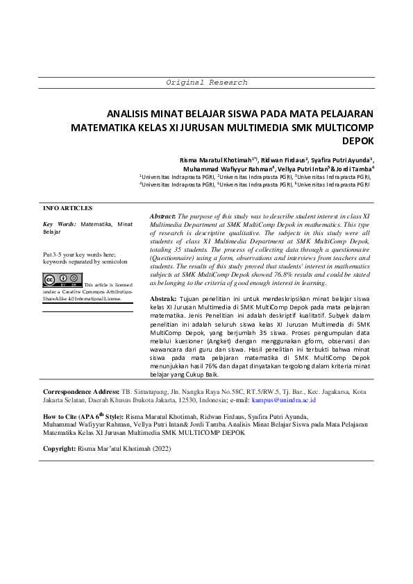 (PDF) ANALISIS MINAT BELAJAR SISWA PADA MATA PELAJARAN MATEMATIKA KELAS ...