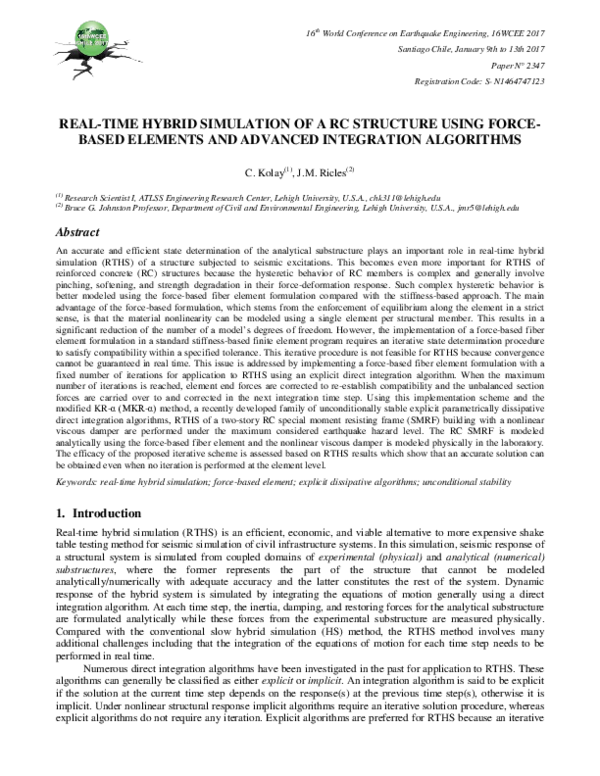 Pdf Real Time Hybrid Simulation Of A Rc Structure Using Force Based Elements And Advanced