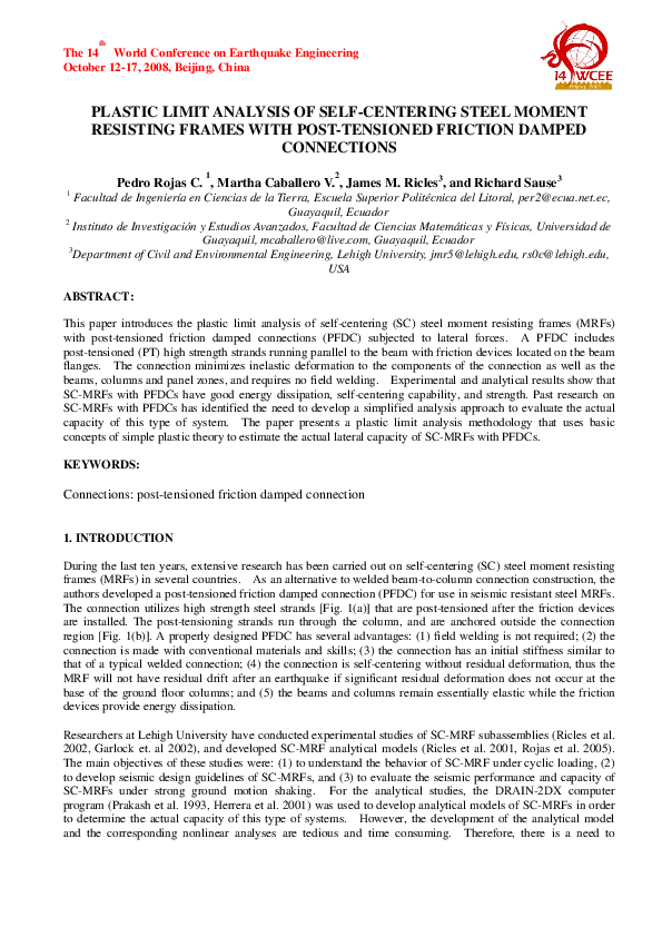 (PDF) Plastic limit analysis of self-centering steel moment resisting frames