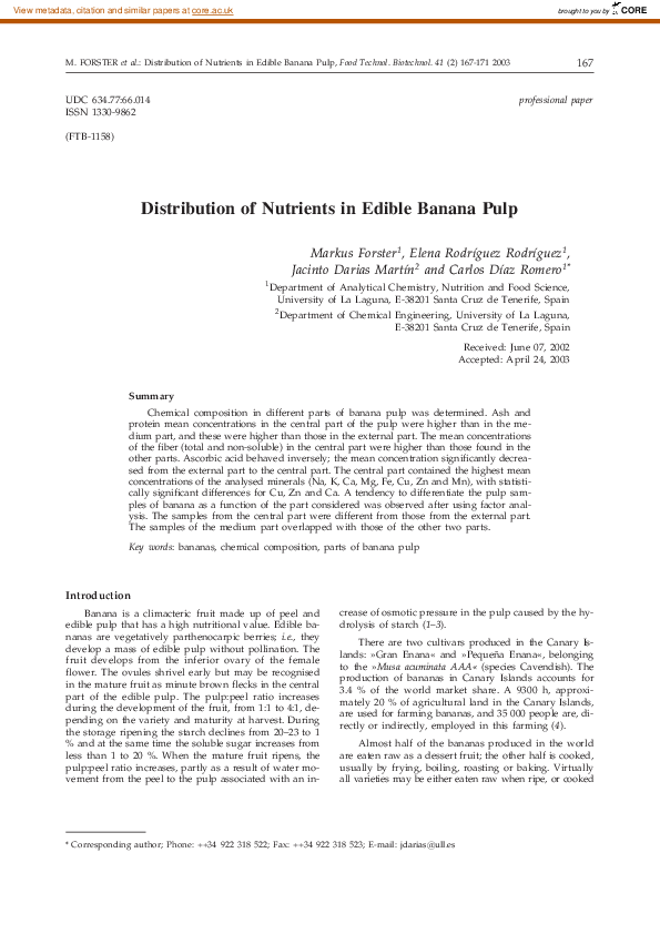 (PDF) Distribution of Nutrients in Edible Banana Pulp