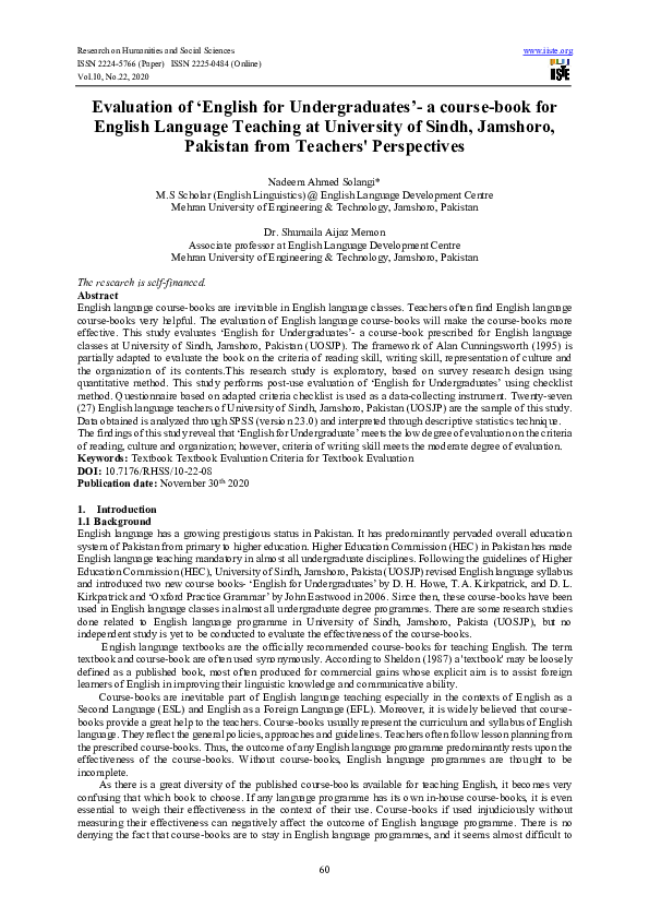 (PDF) Evaluation of ‘English for Undergraduates’- a course-book for ...