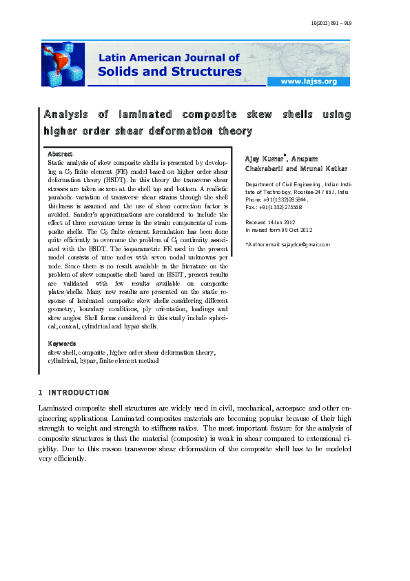 (PDF) Analysis of laminated composite skew shells using higher order ...