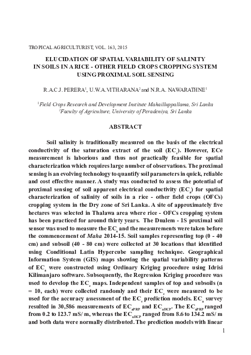 (PDF) ELUCIDATION OF SPATIAL VARIABILITY OF SALINITY IN SOILS IN A RICE -OTHER FIELD CROPS ...
