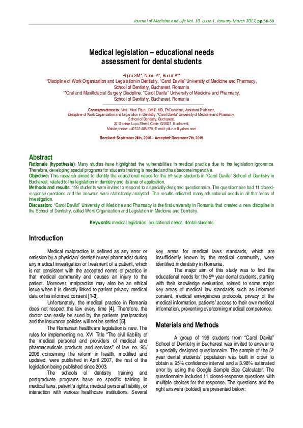 (PDF) Medical legislation – educational needs assessment for dental ...