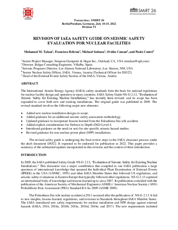 (PDF) Revision of IAEA Safety Guide on Seismic Safety Evaluation for Nuclear Facilities