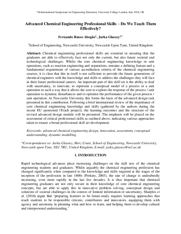 (PDF) Advanced Chemical Engineering Professional Skill - Do We Teach ...