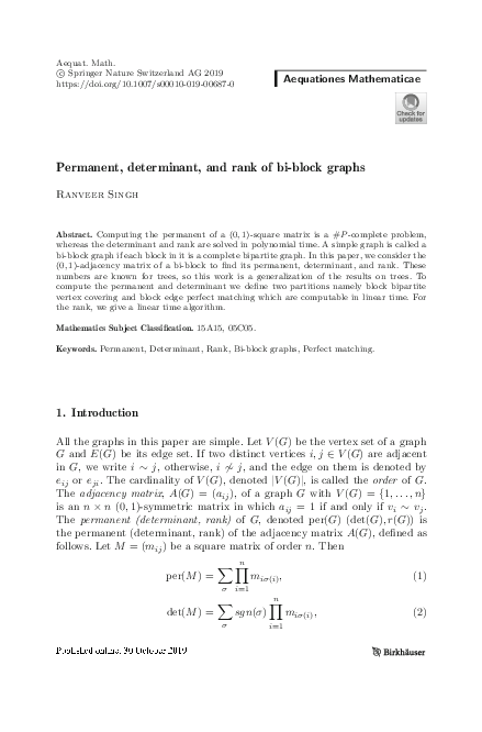 (PDF) Permanent, determinant, and rank of bi-block graphs