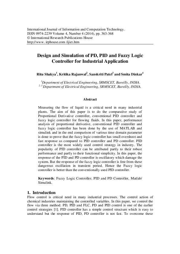 (PDF) Design and Simulation of PD , PID and Fuzzy Logic Controller for Industrial Application