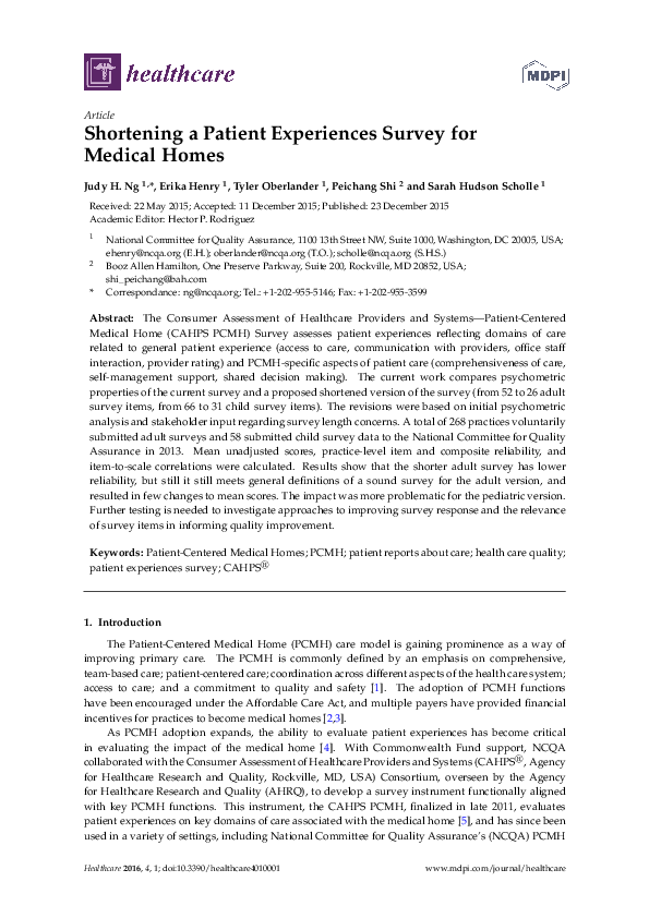 (PDF) Shortening a Patient Experiences Survey for Medical Homes