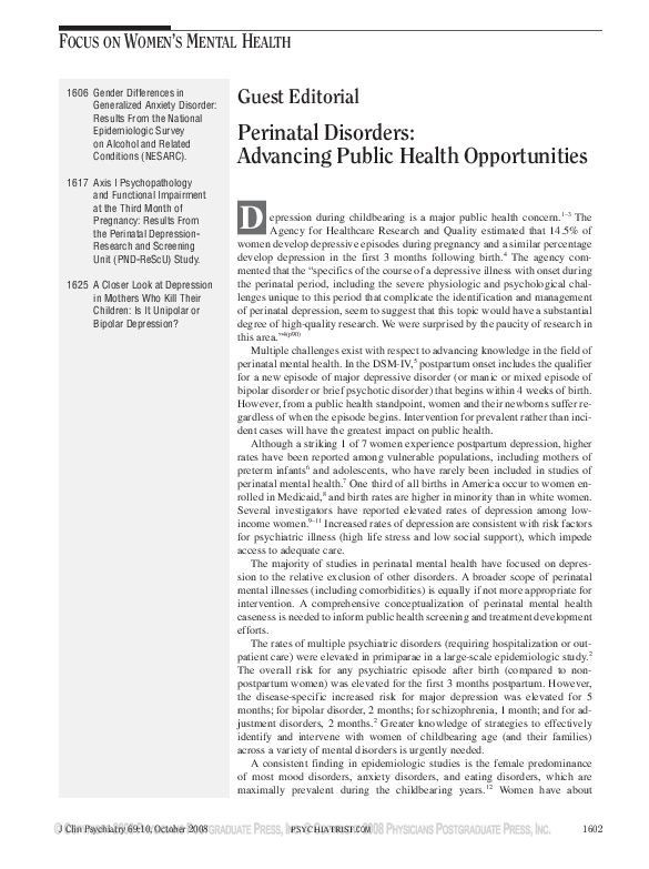 (PDF) Perinatal Disorders: Advancing Public Health Opportunities
