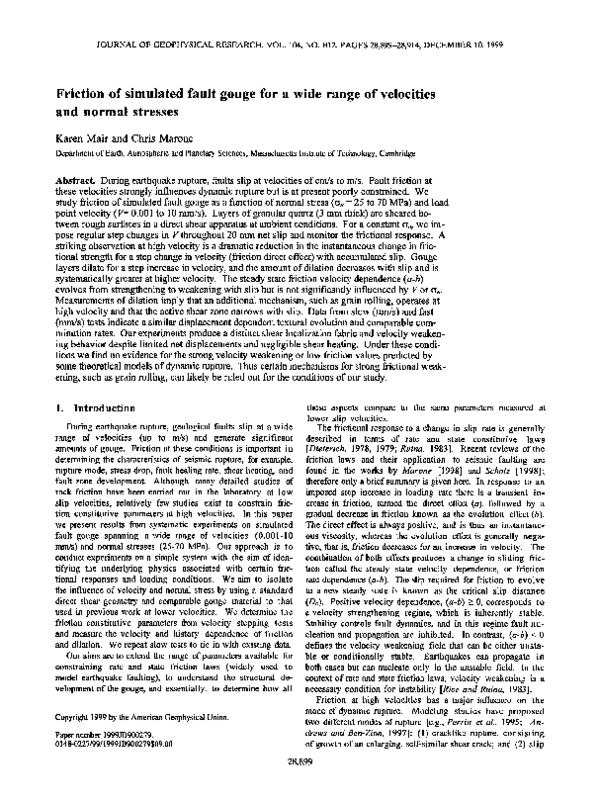 (PDF) Friction of simulated fault gouge for a wide range of velocities ...